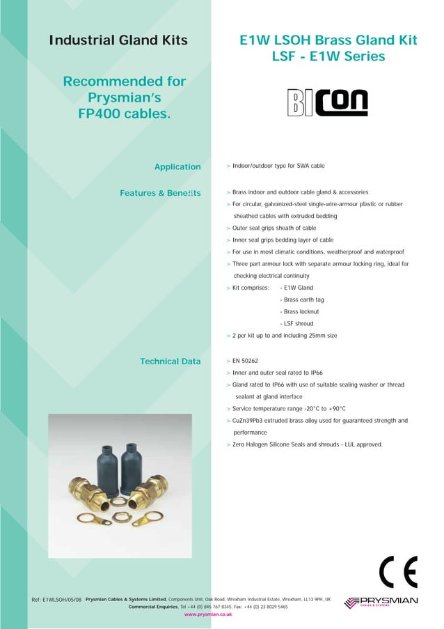 Prysmian E1W LSF Brass Cable Glands - BICC, BICON | PDF