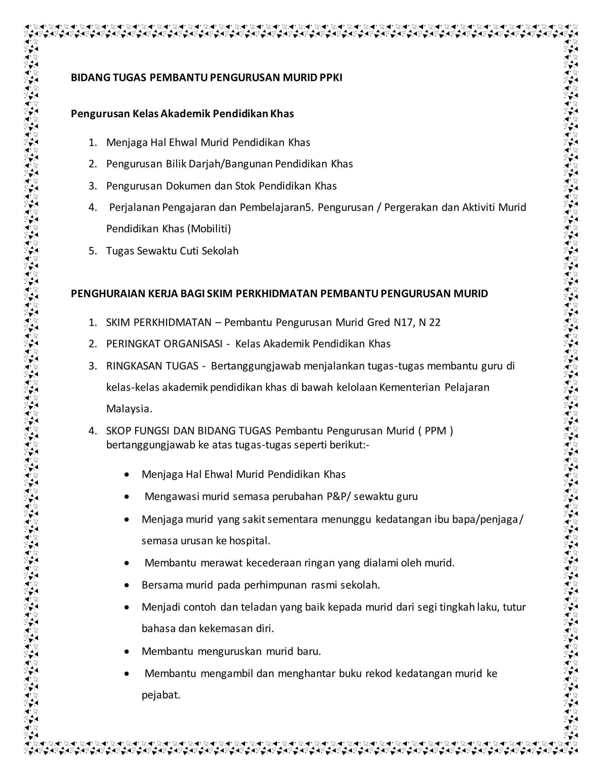 Bidang tugas pembantu pengurusan murid ppki | DOCX