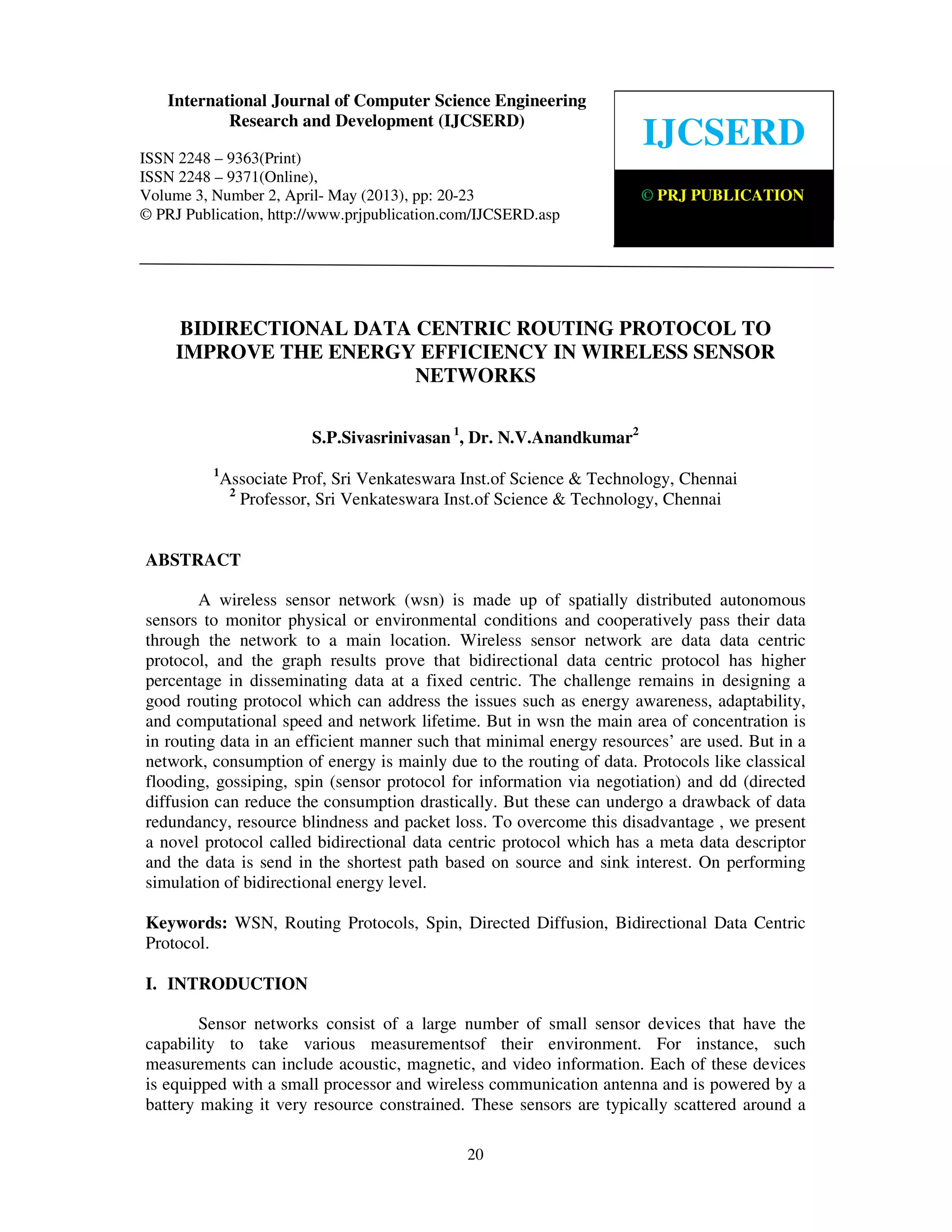 Bidirectional Data Centric Routing Protocol To Improve The Energy Efficiency In Wireless Sensor