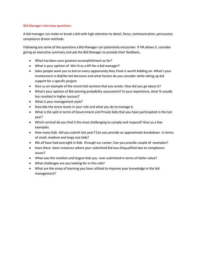 Bid manager interview questions | PDF