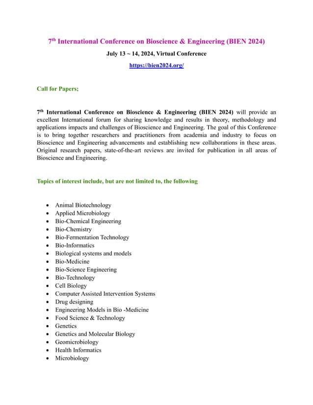 7th International Conference on Bioscience & Engineering (BIEN 2024) | PDF