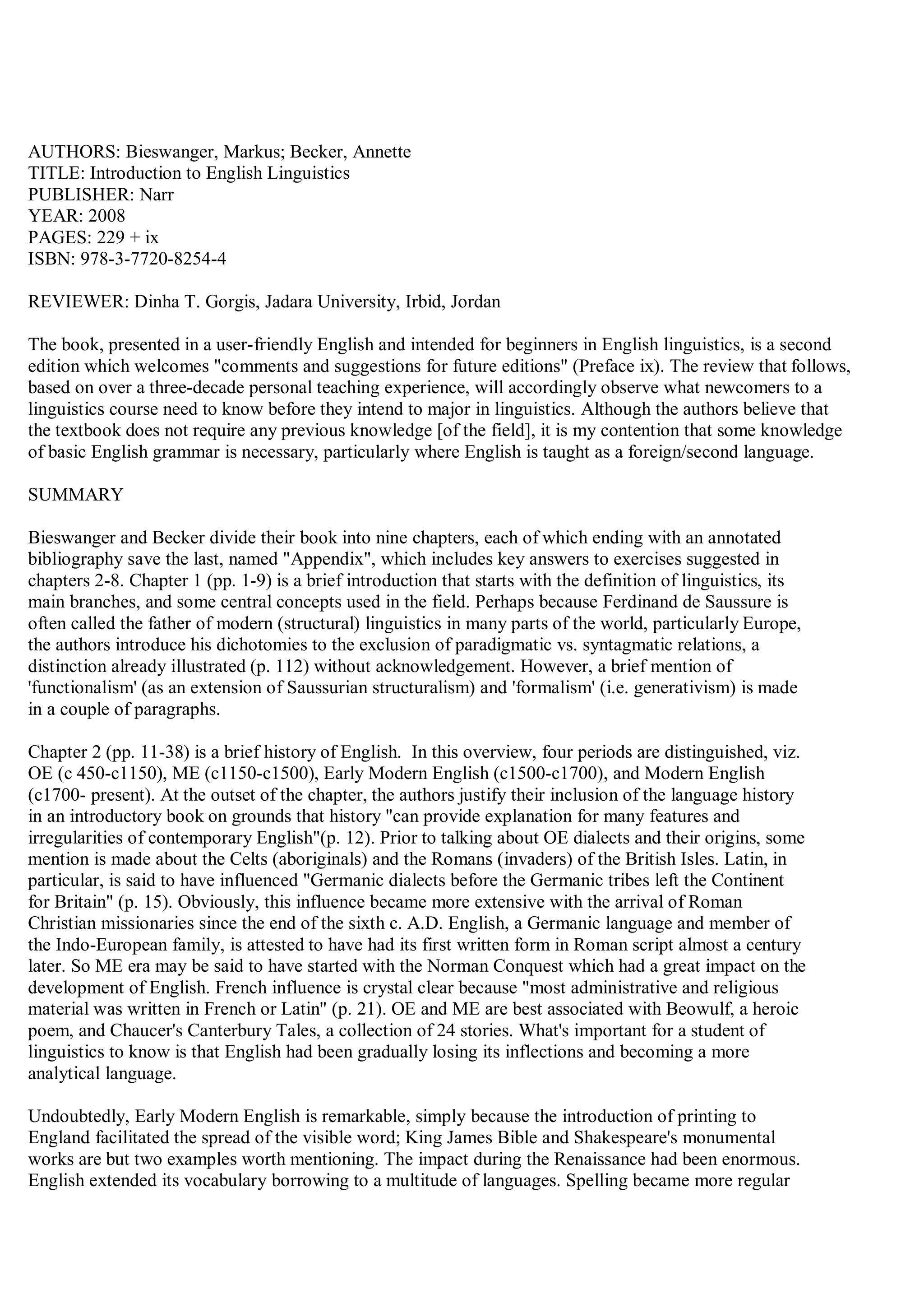 Bieswanger: Linguistics | PDF