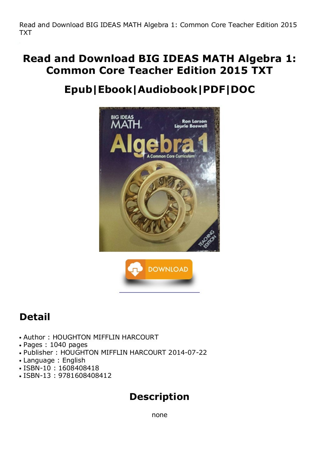 Read And Download BIG IDEAS MATH Algebra 1 Common Core Teacher Editi Read And Download BIG IDEAS MATH Algebra 1 Common Core Teacher Editi