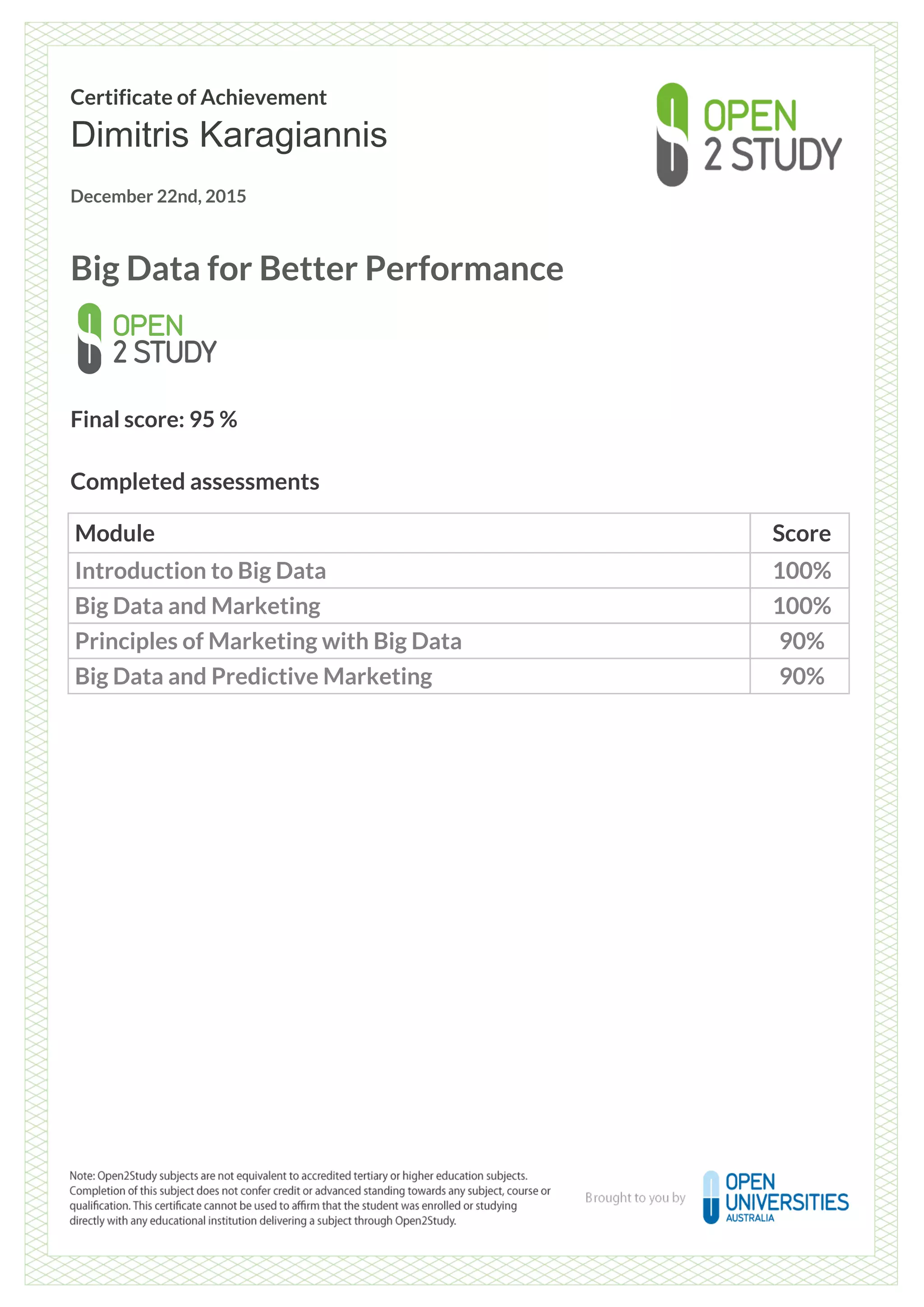 Certificate of Achievement - Big data for Better Performance | PDF
