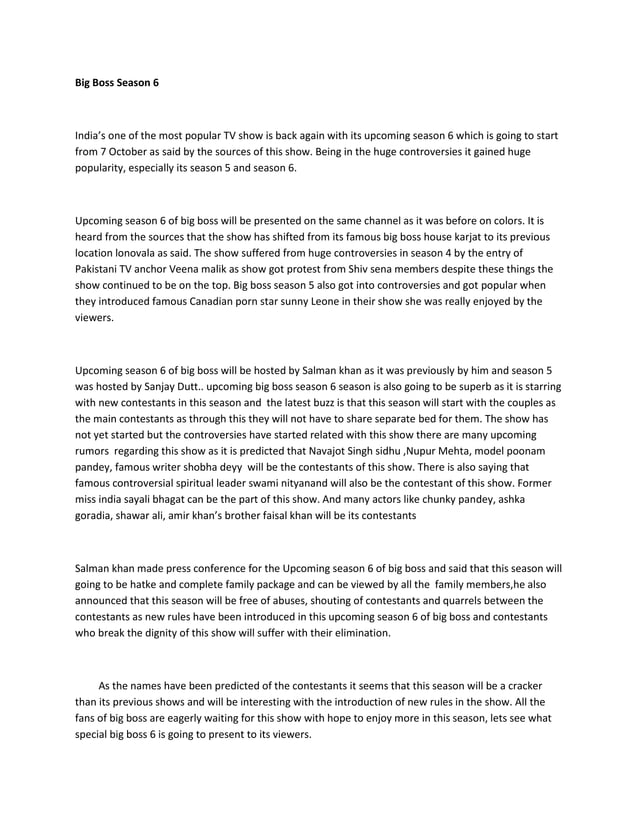 Bigg boss 6 | DOCX | Television | Entertainment