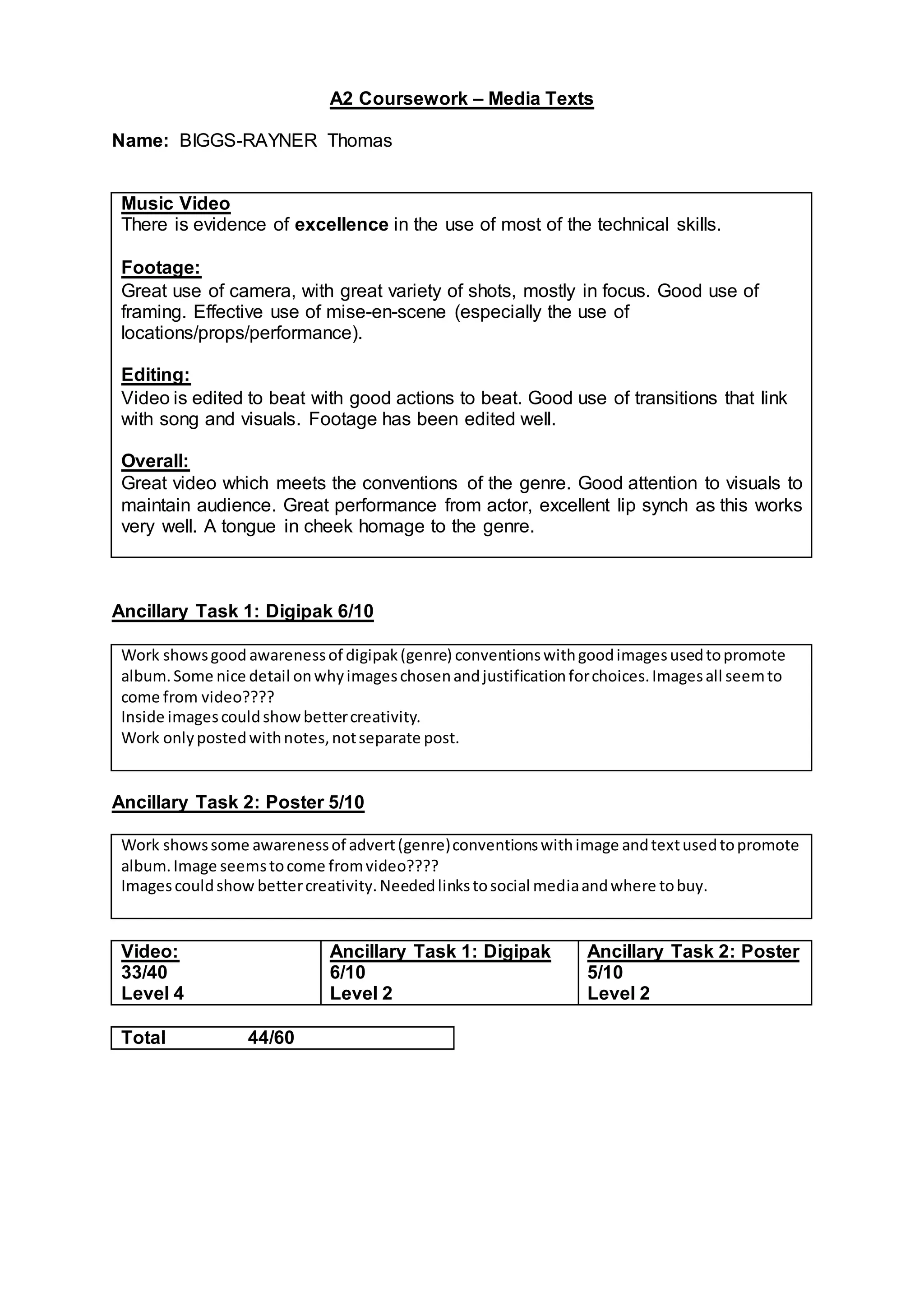 Biggs rayner thomas production feedback | DOCX | Video Production ...