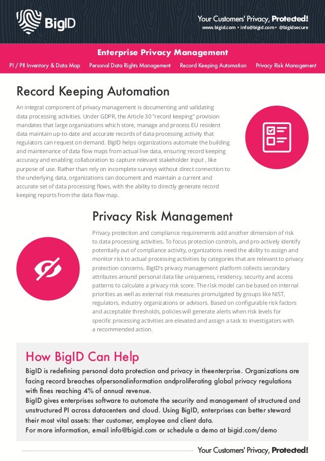 Bigid Enterprise Privacy Management Data Sheet