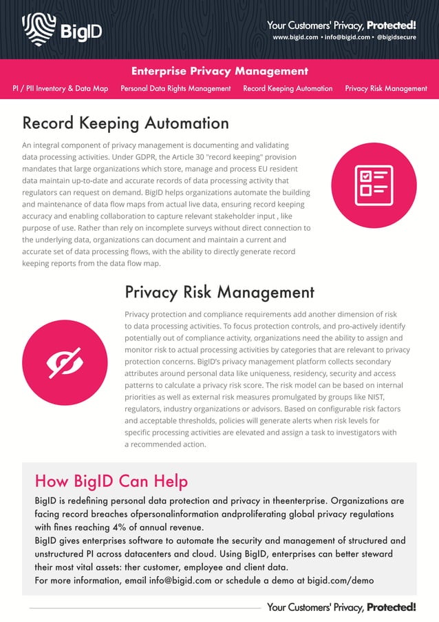 BigID Data Sheet: Enterprise Privacy Management | PDF