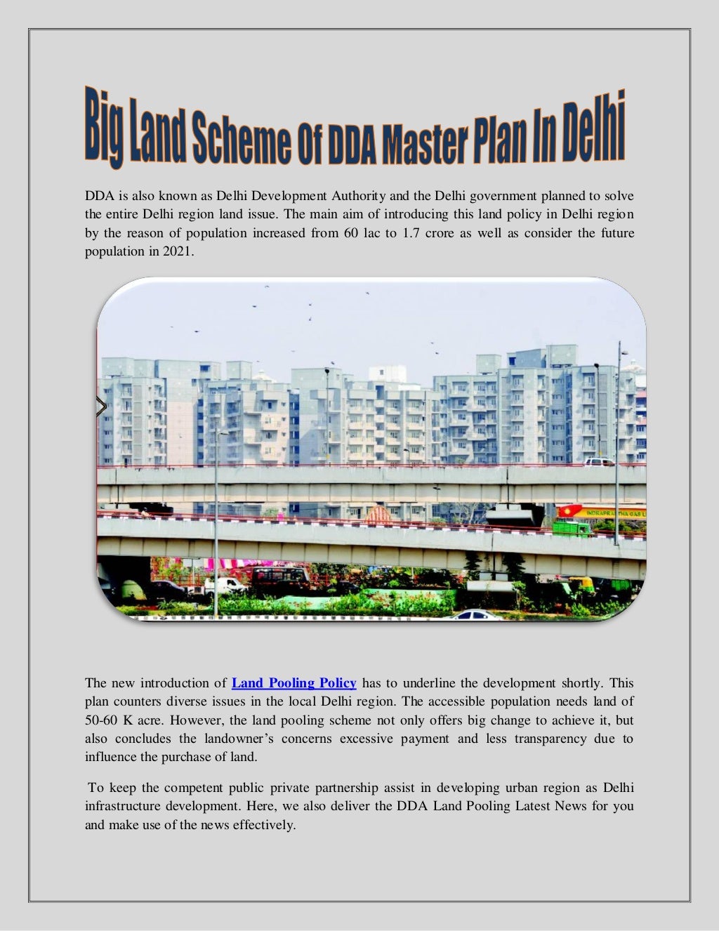 Big land scheme of dda master plan in delhi