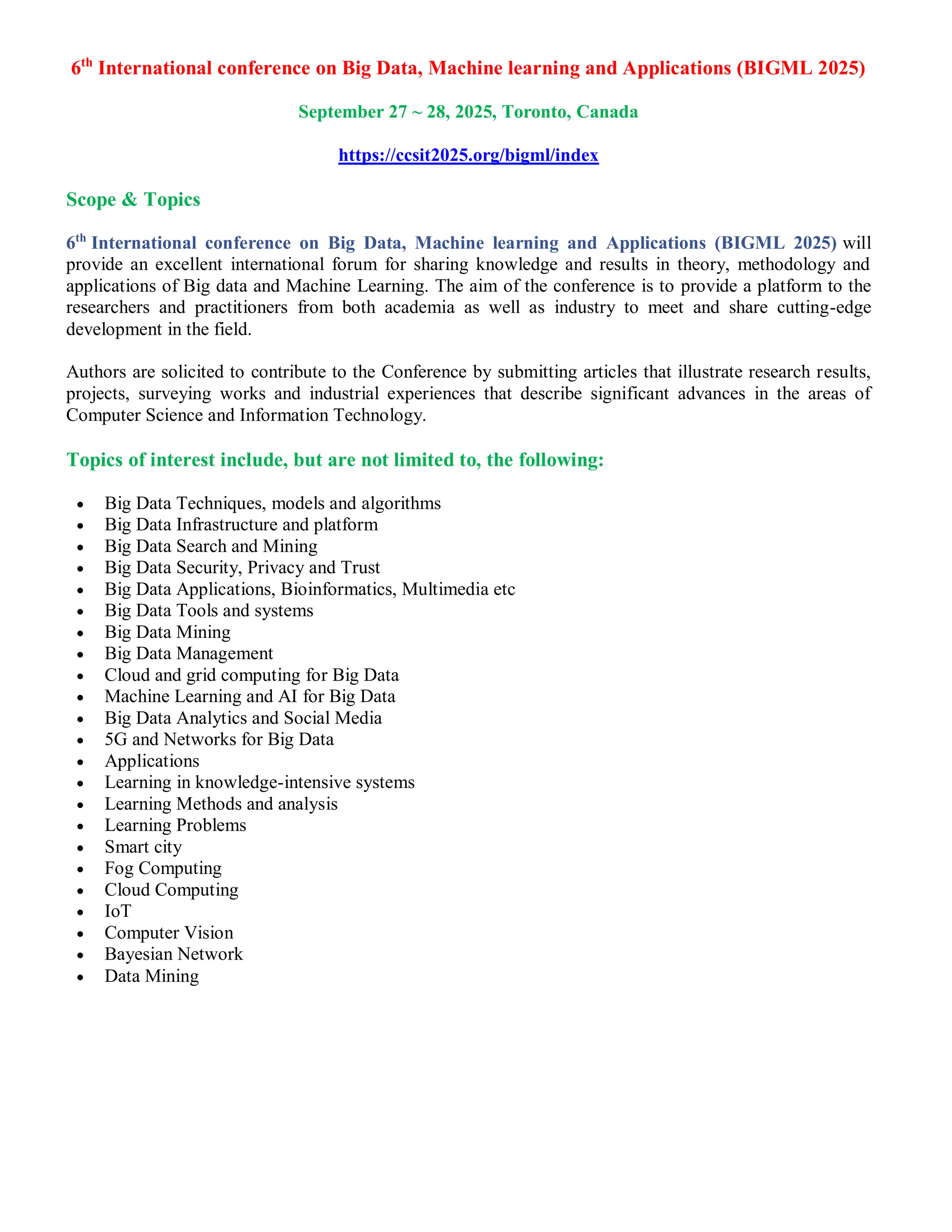 6th International conference on Big Data, Machine learning and Applications (BIGML 2025) | PDF