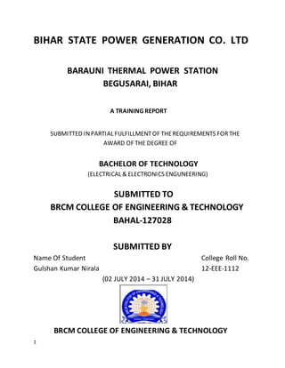 Training Report on Barauni Thermal Power Station | DOCX
