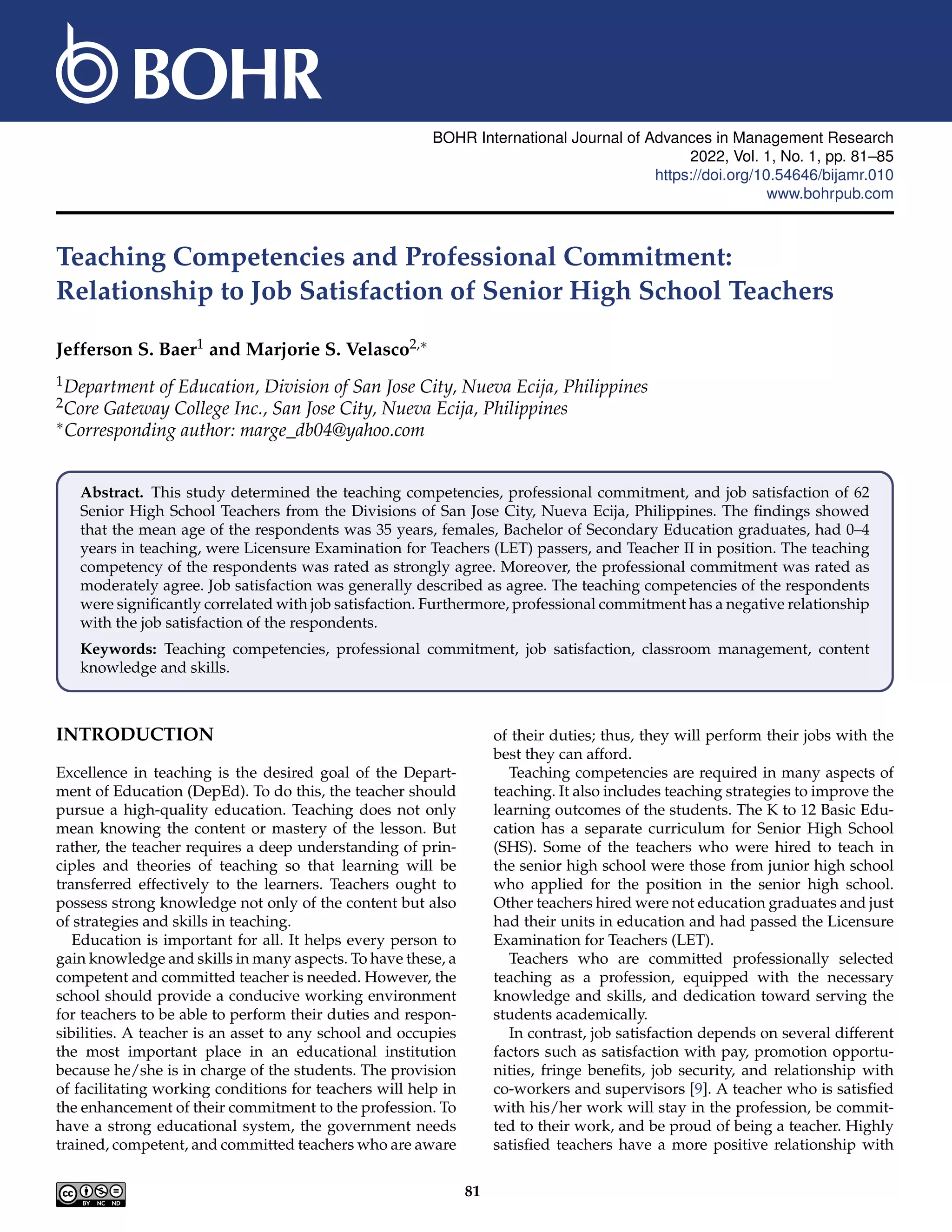 Teaching Competencies and Professional Commitment: Relationship to Job ...