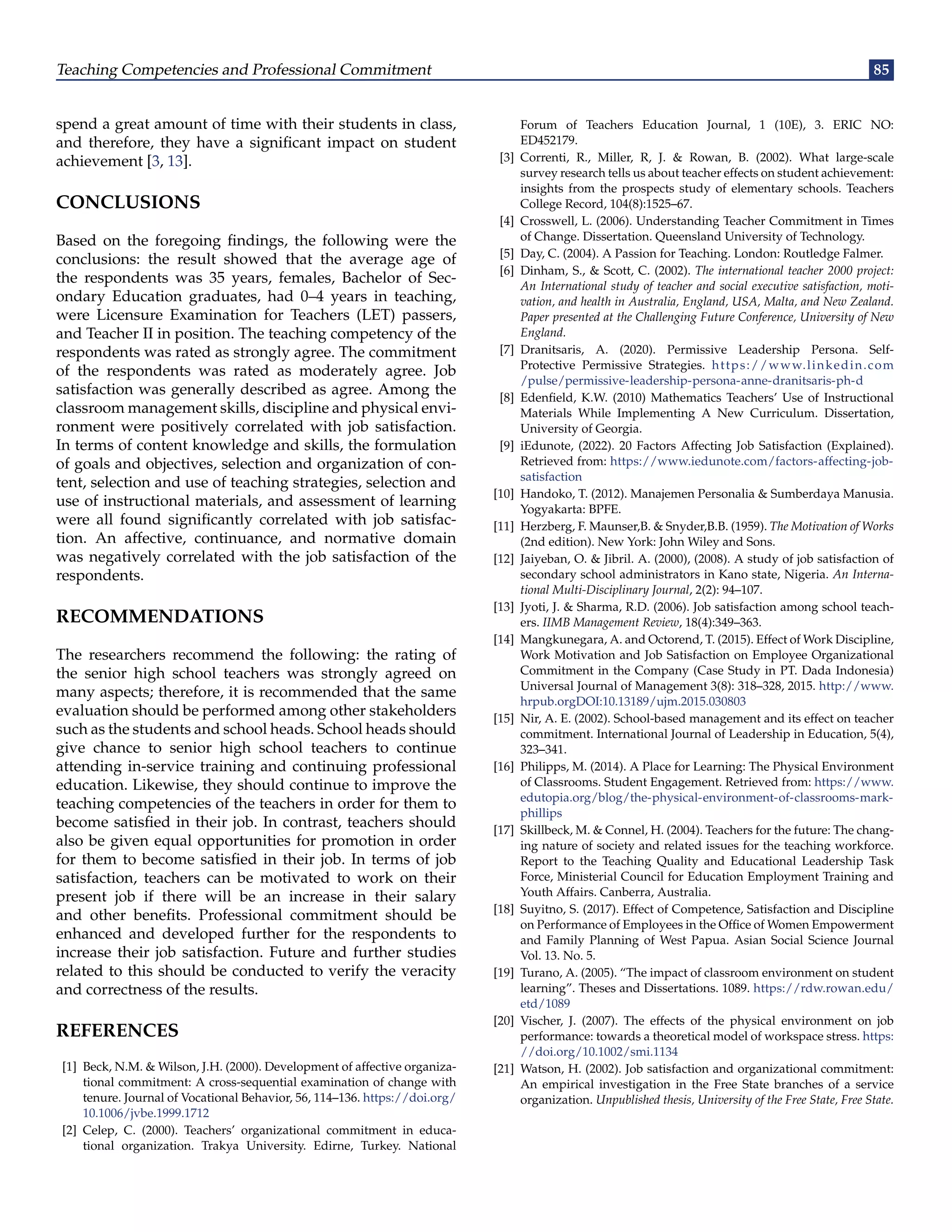 Teaching Competencies and Professional Commitment: Relationship to Job Satisfaction of Senior ...