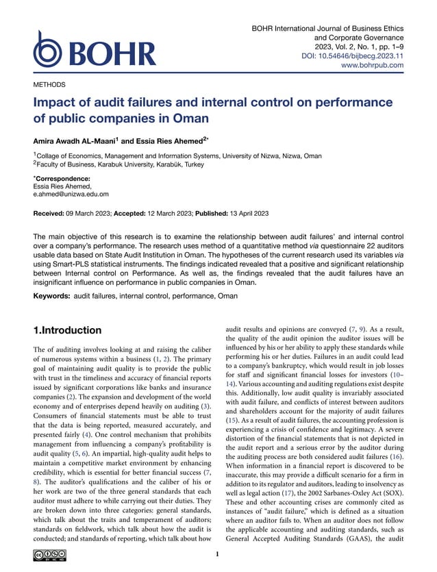 Impact of audit failures and internal control on performance of public ...