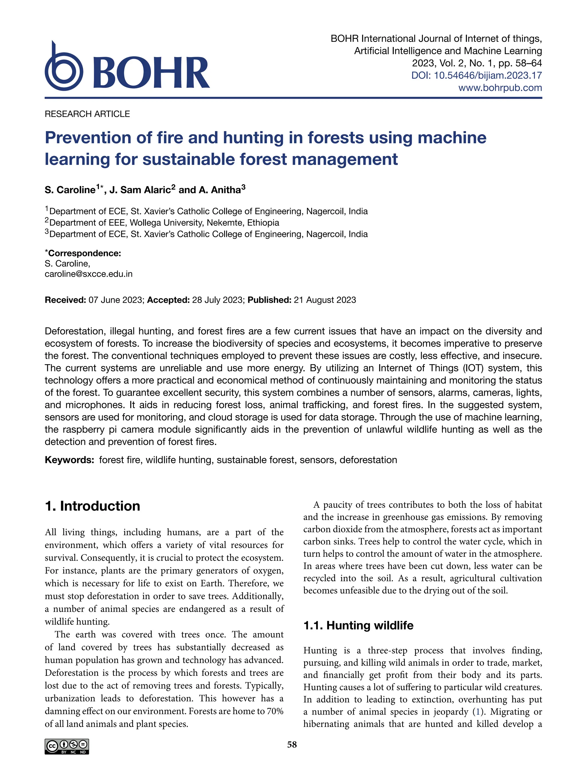 Prevention of fire and hunting in forests using machine learning for sustainable forest ...
