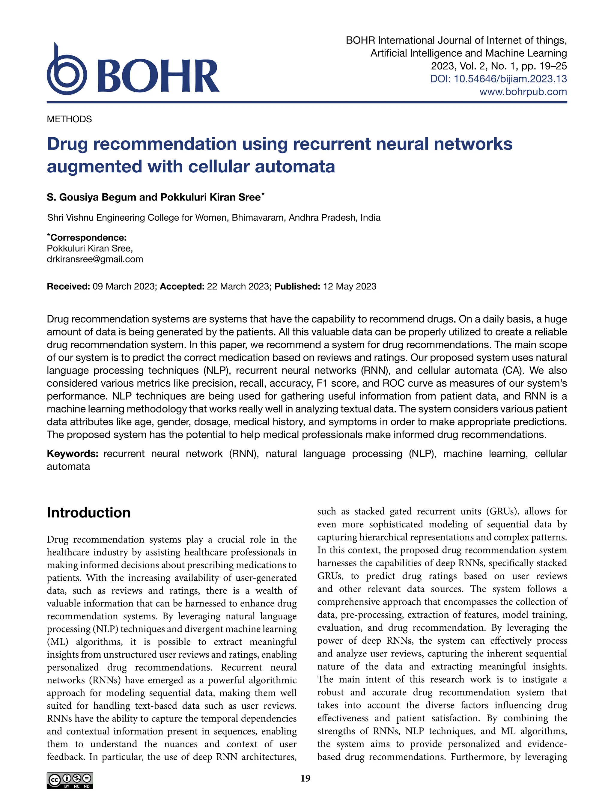 Drug Recommendation Using Recurrent Neural Networks Augmented With Cellular Automata Pdf