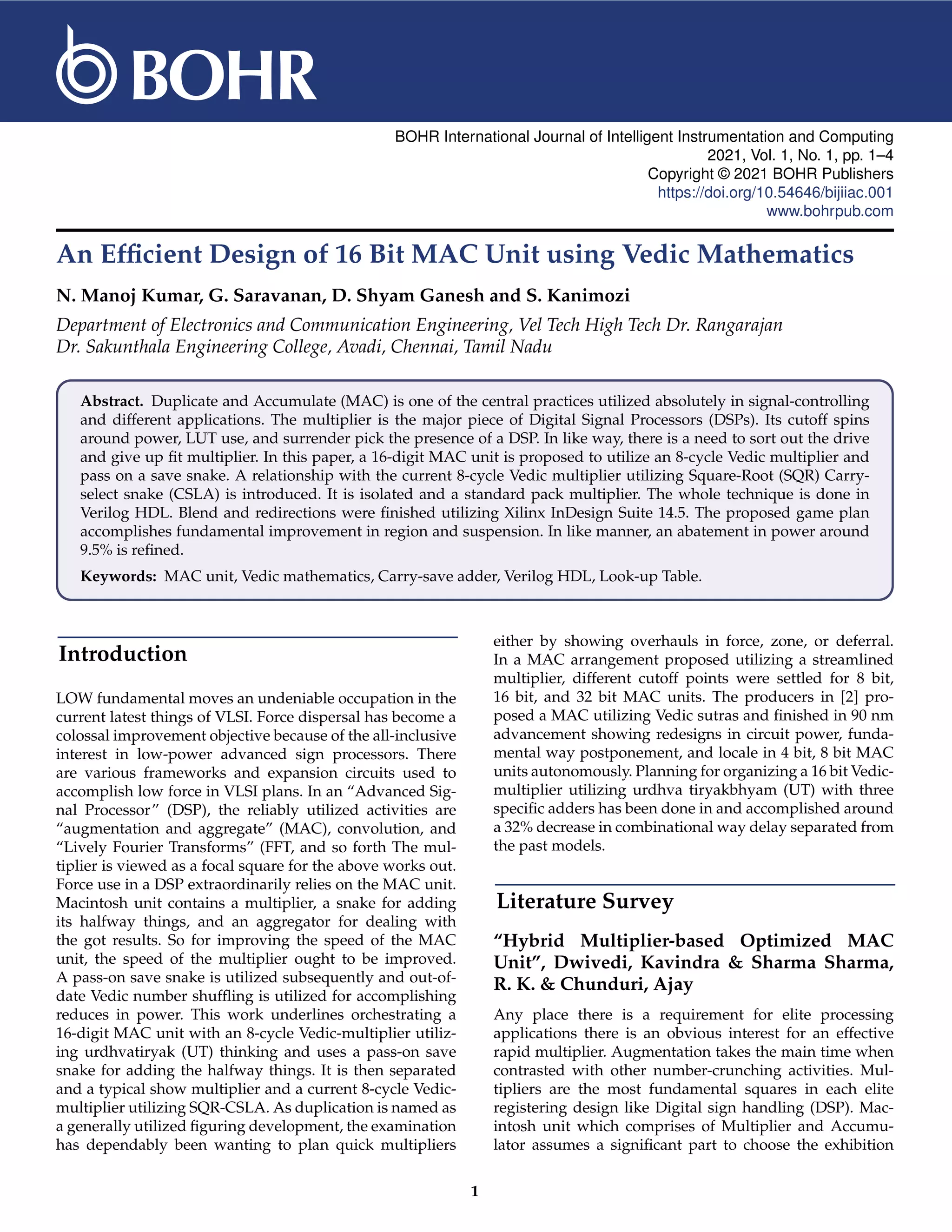 An Efficient Design of 16 Bit MAC Unit using Vedic Mathematics | PDF