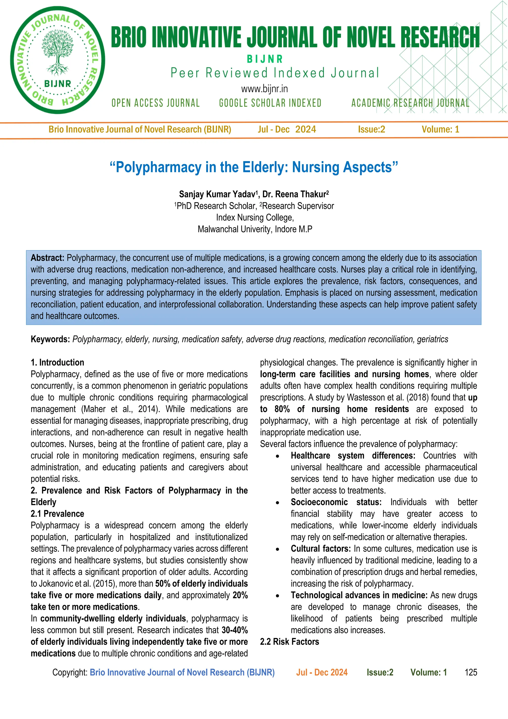 “Polypharmacy in the Elderly: Nursing Aspects” | PDF