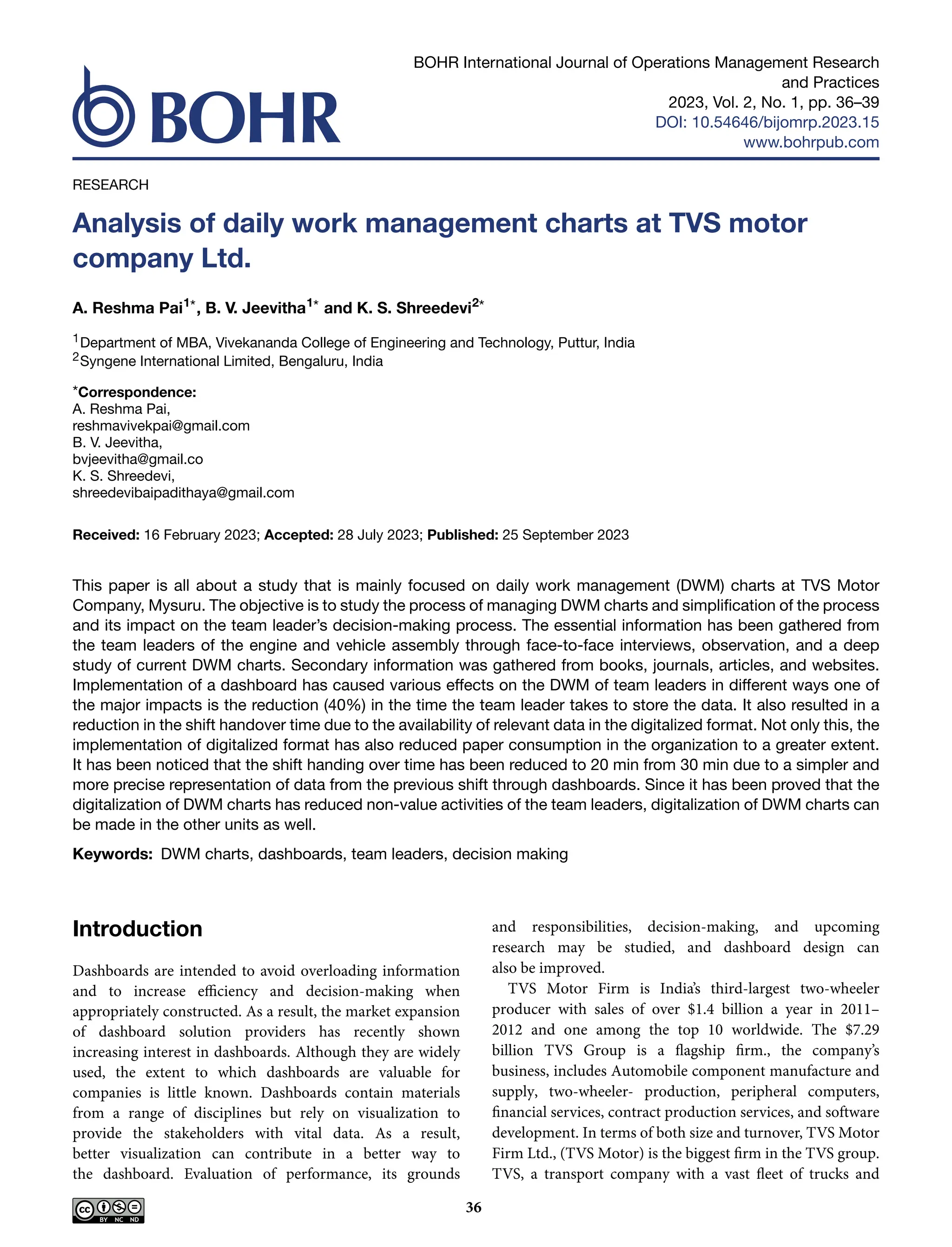 Analysis of daily work management charts at TVS motor company Ltd | PDF