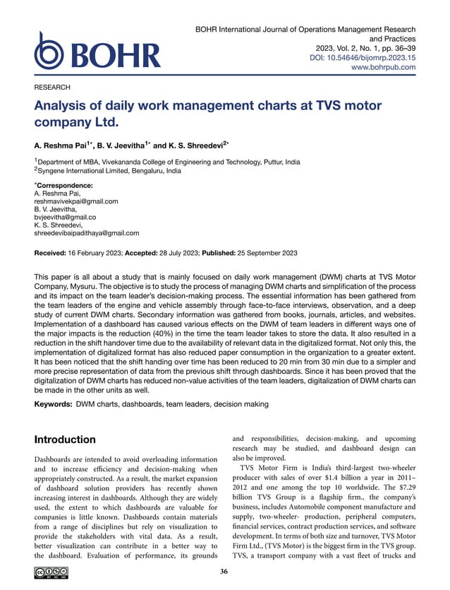 Analysis of daily work management charts at TVS motor company Ltd | PDF