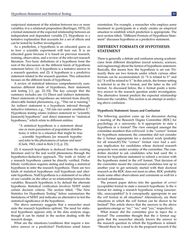 Hypothesis Statement and Statistical Testing: A Tutorial | PDF