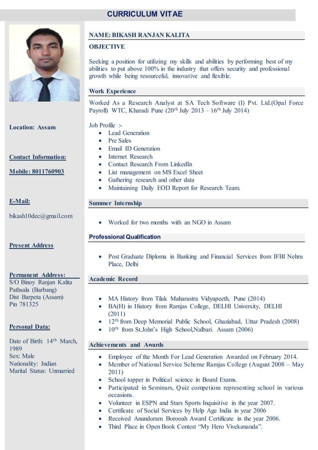Bikash Ranjan Kalita Biodata | DOCX