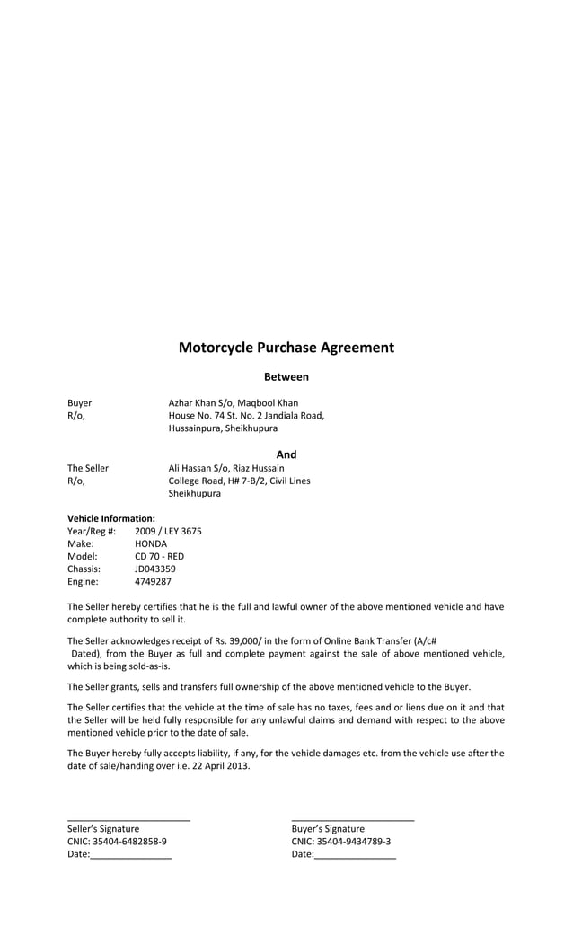 Bike purchase agreement | DOC