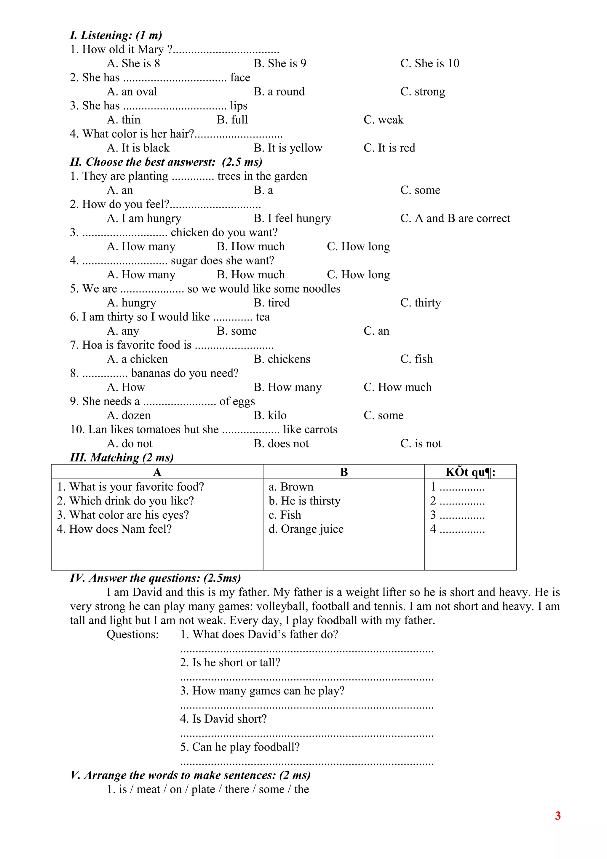 Bài kiểm tra 1 tiết số 1 hkii tiếng anh lớp 6 (with key) | PDF