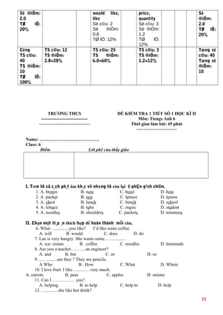 Bài kiểm tra 1 tiết số 1 hkii tiếng anh lớp 6 (with key) | PDF