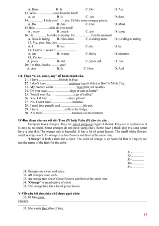 Bài kiểm tra 1 tiết số 1 hkii tiếng anh lớp 6 (with key) | PDF