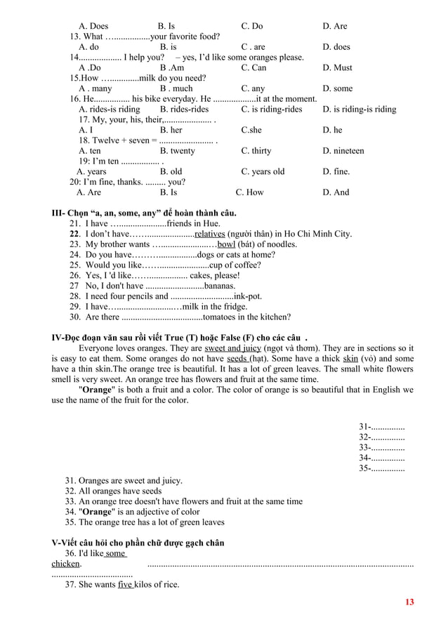 Bài kiểm tra 1 tiết số 1 hkii tiếng anh lớp 6 (with key) | PDF