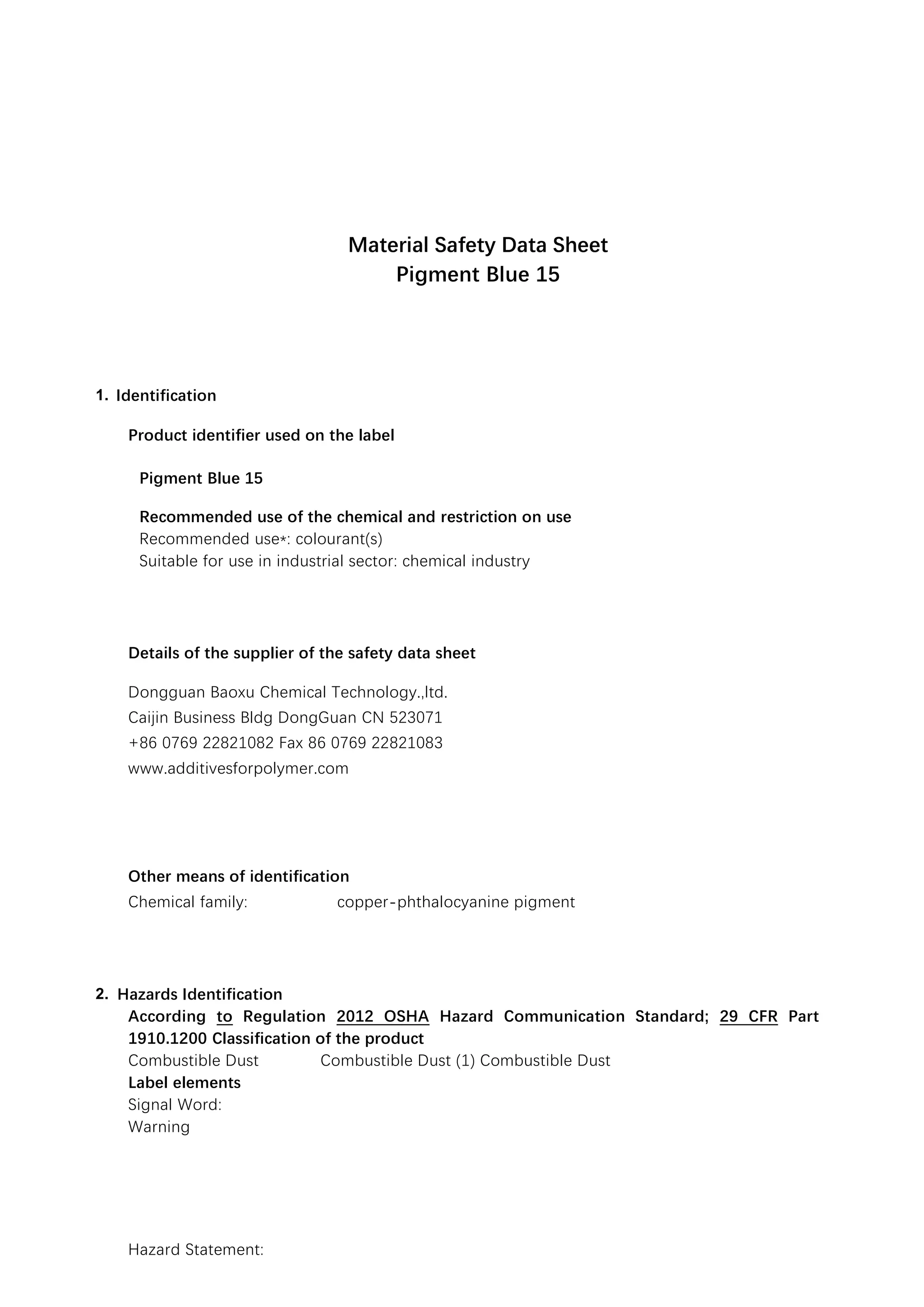 Pigment blue 15:0 phthalo blue 15:0 147-14-8 material safety data sheet ...