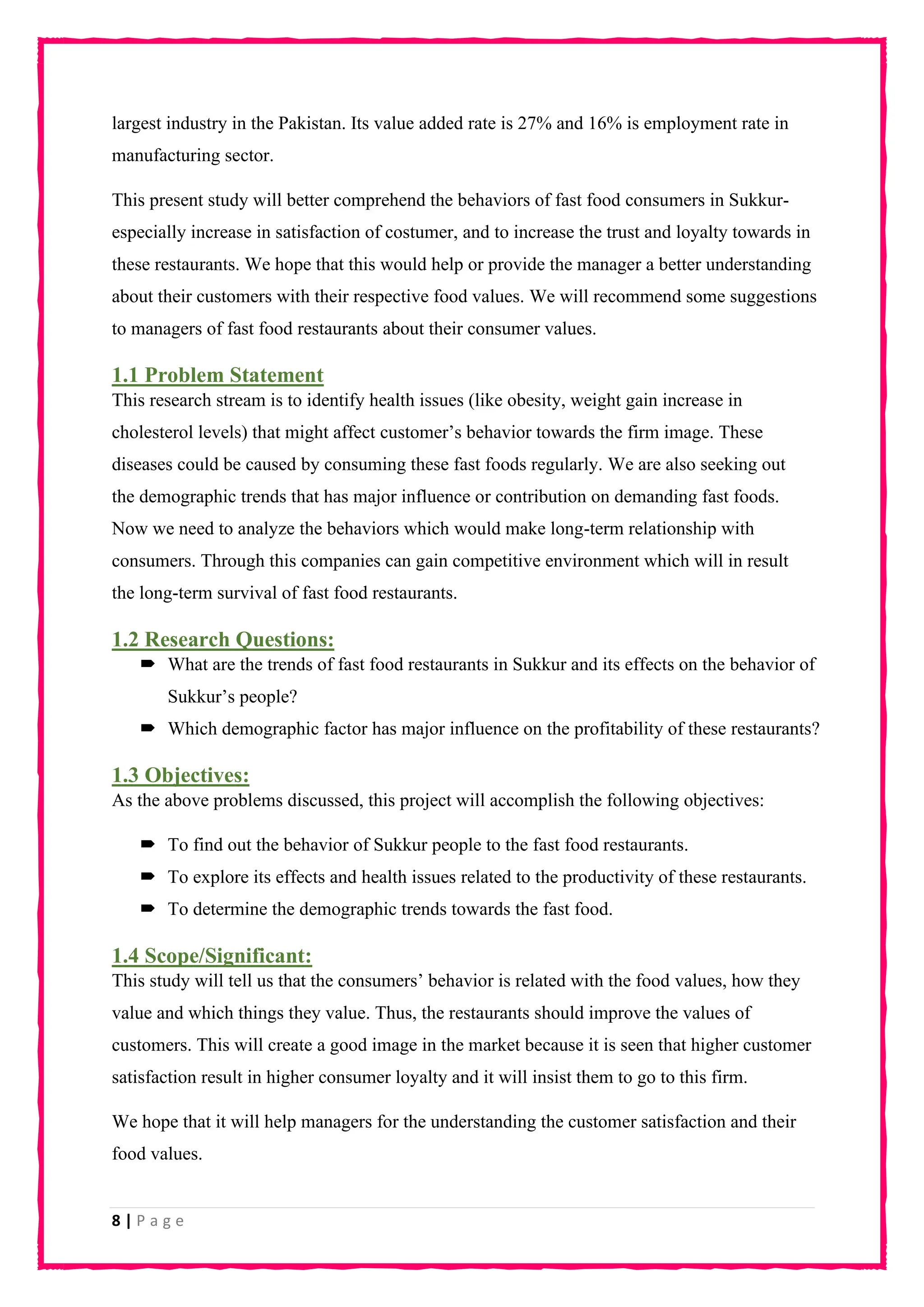 Project Work on Consumer Behavior in Fast Food Restaurants. Their ...