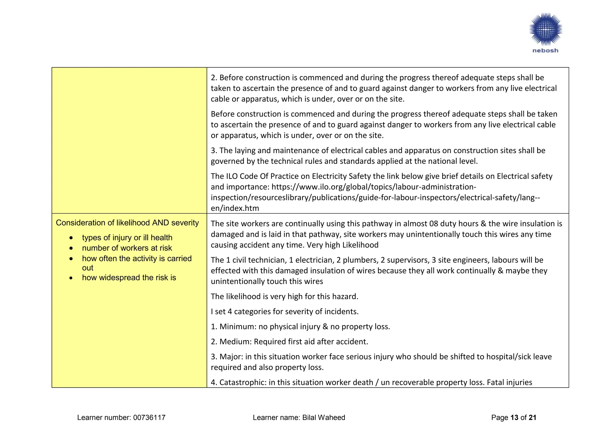 Risk assessment Report for NEBOSH Assessment | DOCX