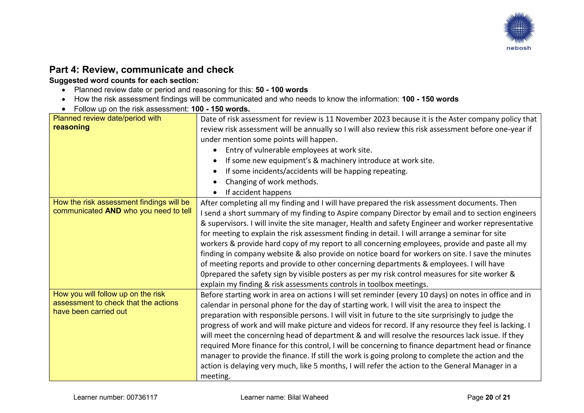 Risk assessment Report for NEBOSH Assessment | DOCX