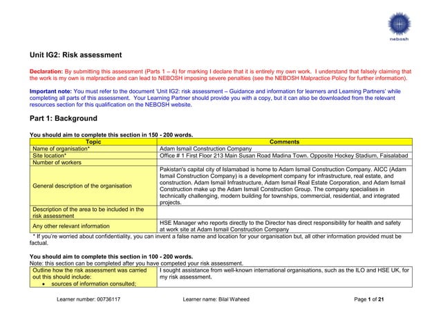Risk assessment Report for NEBOSH Assessment | DOCX | First Aid | Injuries