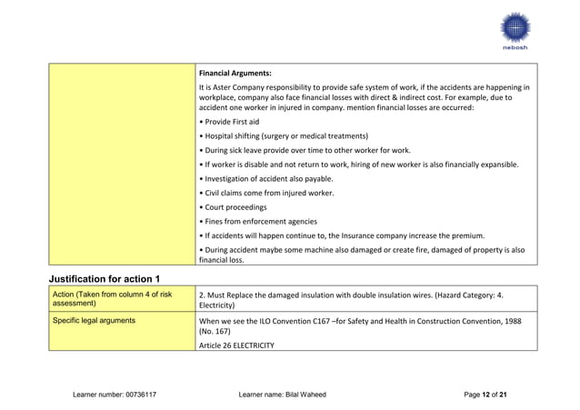 Risk assessment Report for NEBOSH Assessment | DOCX | First Aid | Injuries