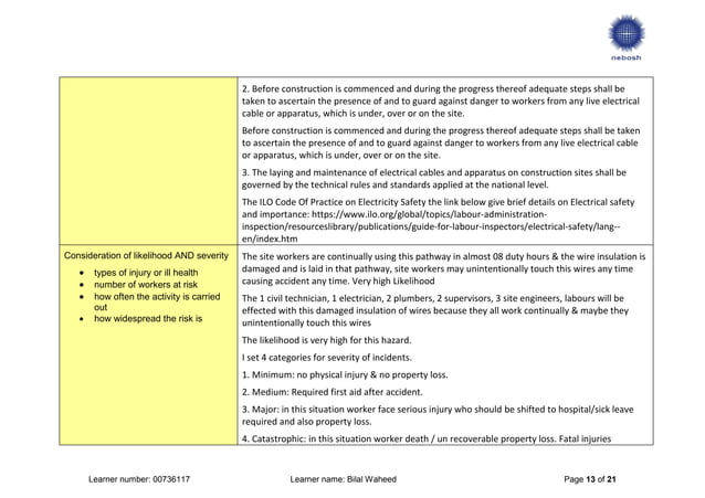 Risk assessment Report for NEBOSH Assessment | DOCX | First Aid | Injuries