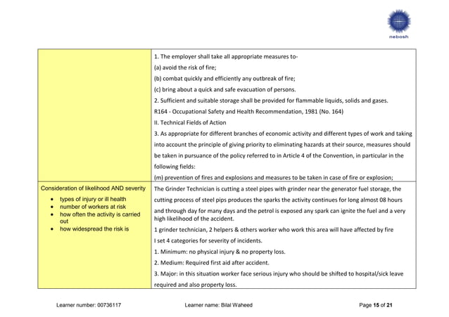 Risk assessment Report for NEBOSH Assessment | DOCX | First Aid | Injuries