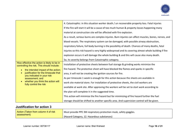 Risk assessment Report for NEBOSH Assessment | DOCX | First Aid | Injuries