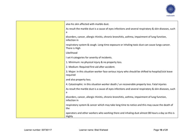 Risk assessment Report for NEBOSH Assessment | DOCX | First Aid | Injuries