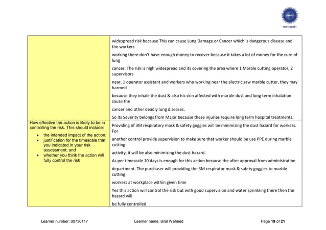 Risk assessment Report for NEBOSH Assessment | DOCX | First Aid | Injuries