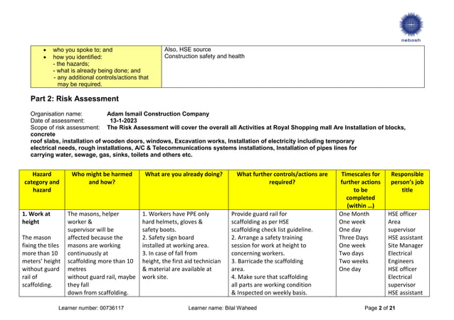 Risk assessment Report for NEBOSH Assessment | DOCX | First Aid | Injuries