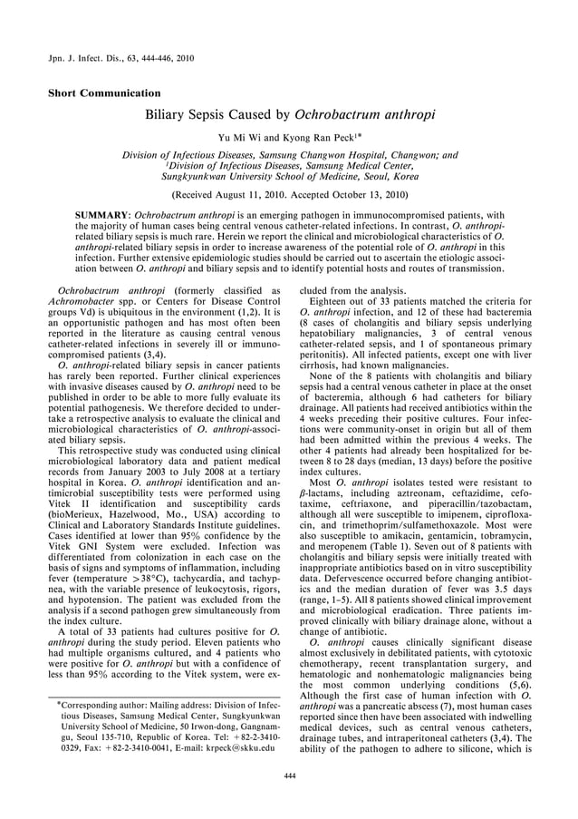 Biliary Sepsis Caused By Ochrobactrum Anthropi Pdf Infectious Diseases Diseases And Conditions