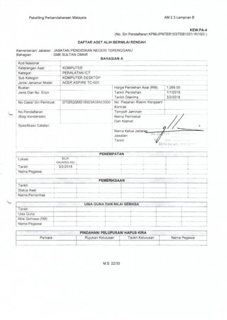 Aset Bernilai Rendah (KEW.PA-4) Peralatan ICT Bilik Kaunseling SMKSO | PDF
