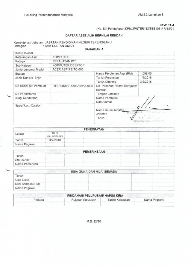 Aset Bernilai Rendah (KEW.PA-4) Peralatan ICT Bilik Kaunseling SMKSO | PDF