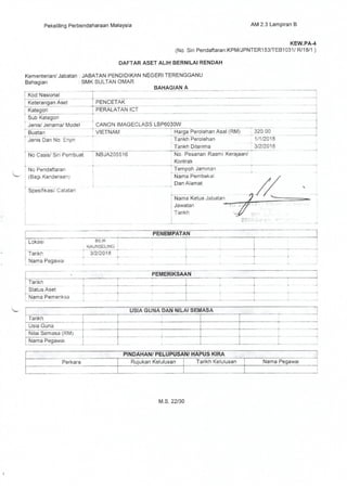 Aset Bernilai Rendah (KEW.PA-4) Peralatan ICT Bilik Kaunseling SMKSO | PDF