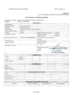 Aset Bernilai Rendah (KEW.PA-4) Peralatan ICT Bilik Mesyuarat SMKSO | PDF