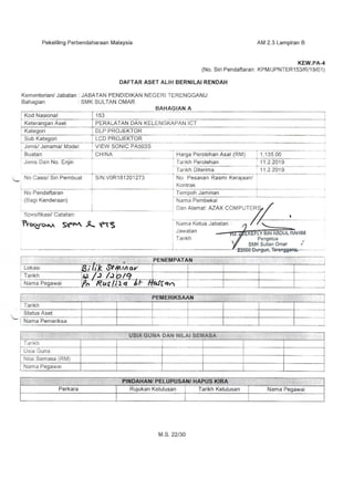Aset Bernilai Rendah (KEW.PA-4) Peralatan ICT Bilik Seminar SMKSO | PDF