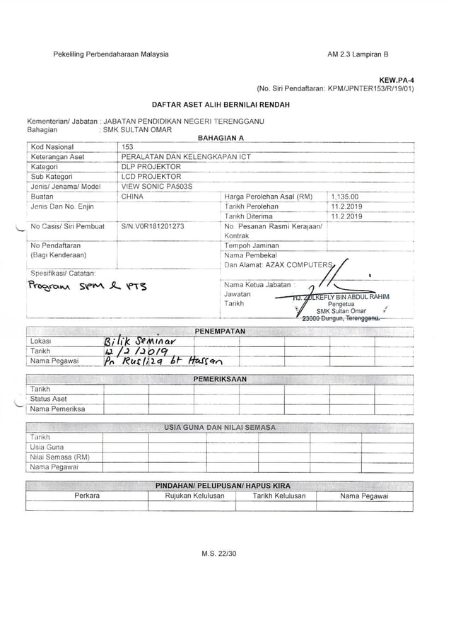 Aset Bernilai Rendah (KEW.PA-4) Peralatan ICT Bilik Seminar SMKSO | PDF